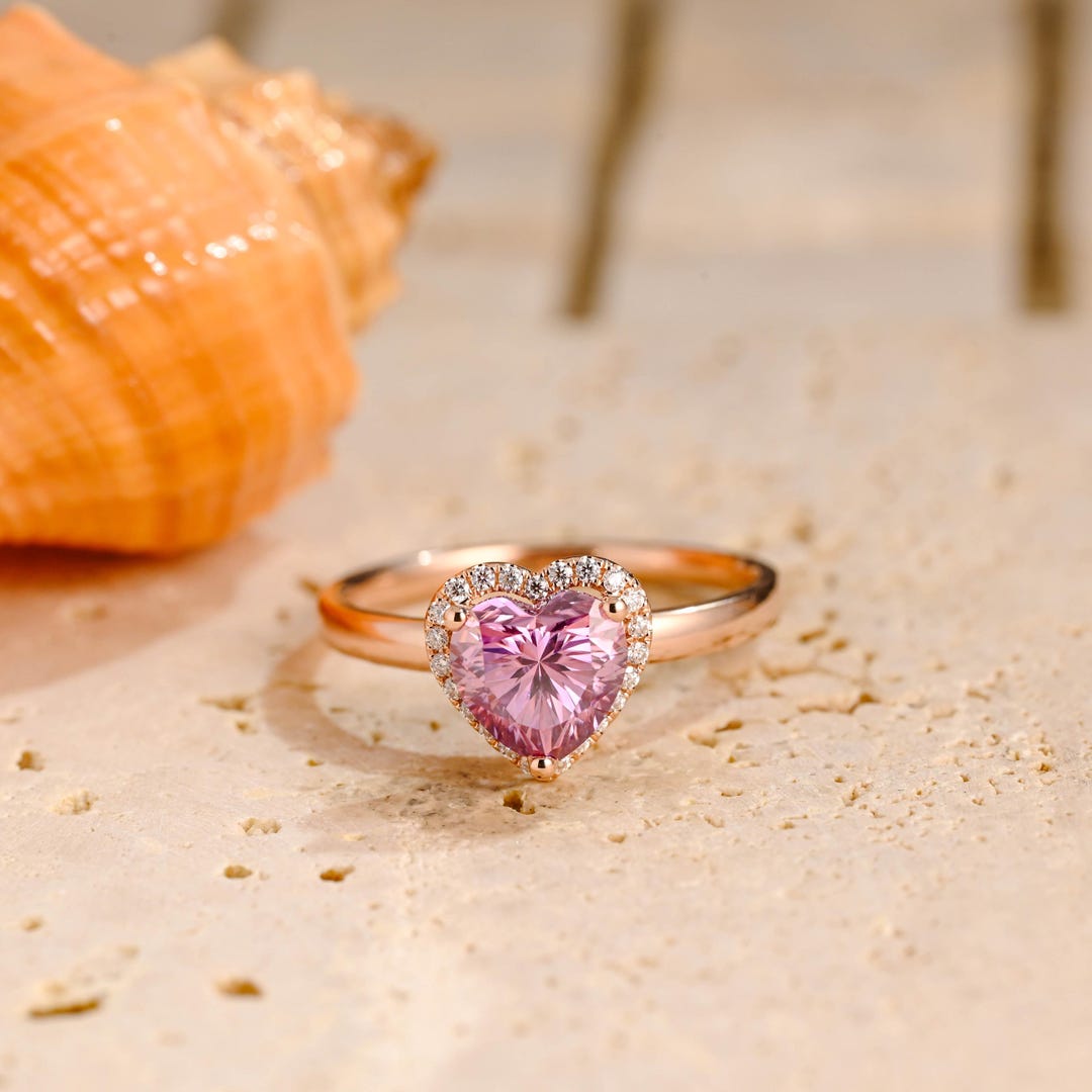 Solid Gold Heart Cut Pink Moissanite Engagement Ring, Unique Halo Ring ...