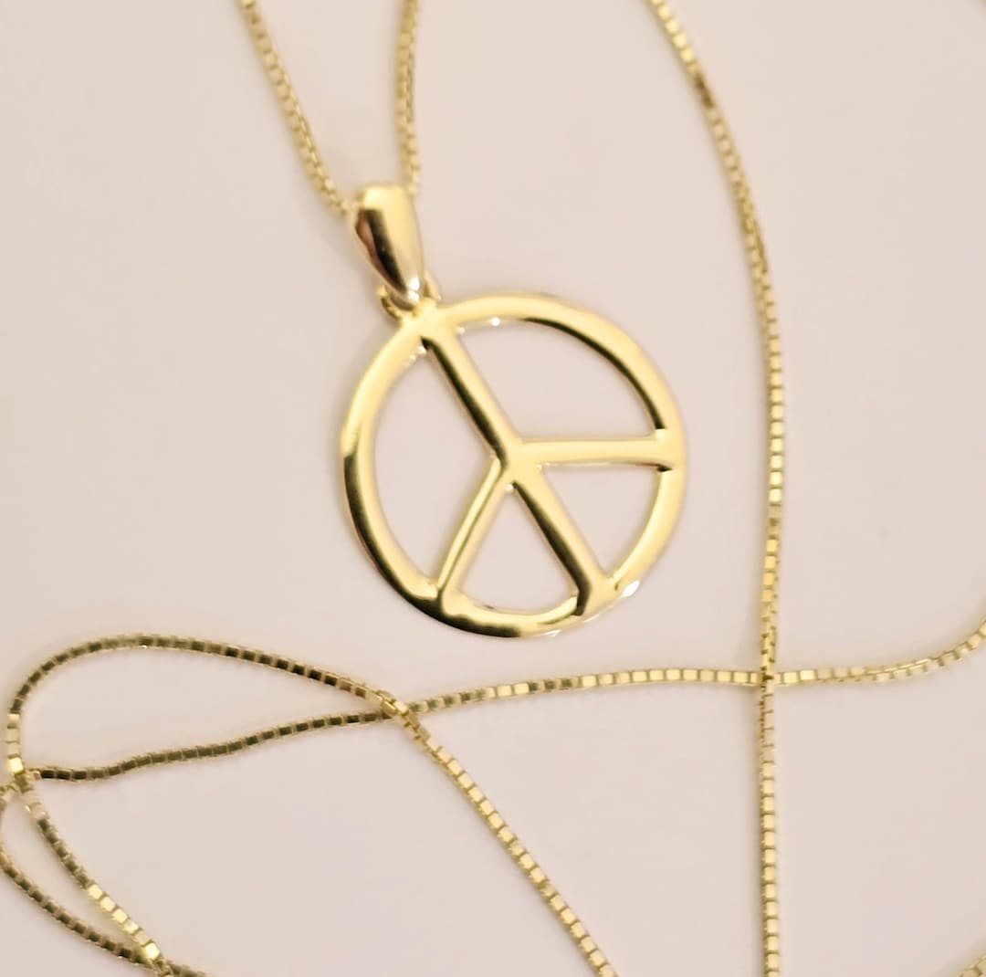 14K Solid Yellow Gold Peace Paz Sign Pendant Necklace 15 Mm - Etsy