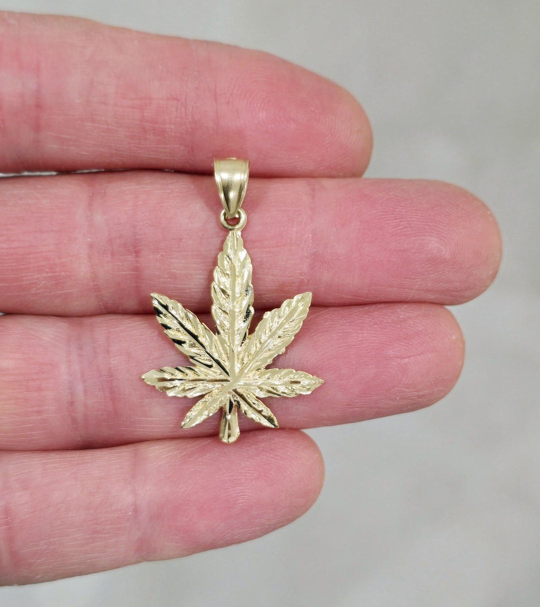 14K Yellow Solid Gold Marijuana Leaf Charm Pendant for Chain or ...