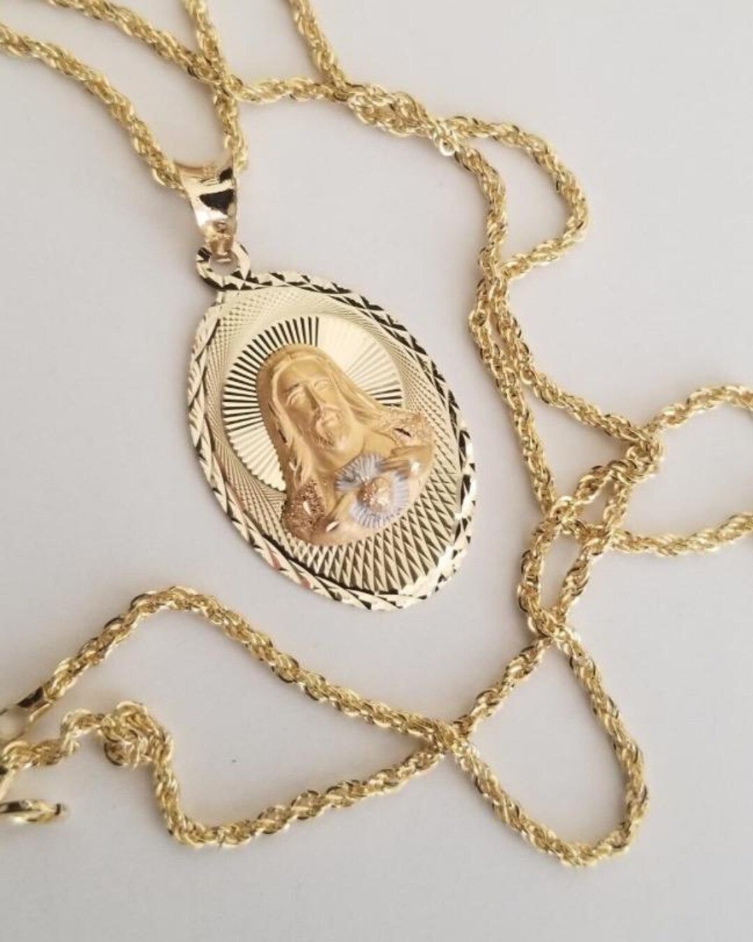 14k Solid Tri Tone Gold Jesus Face Religious Oval Medal Pendant - Etsy