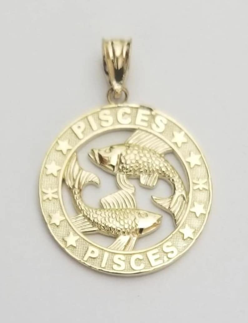 14k Solid Yellow Gold Pisces Zodiac Sign Round Astrology Symbol Pendant ...