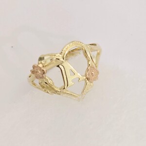 14K Solid 2 Color Flor Heart Gold Flower Initial A to Z Ring Anillo - Etsy