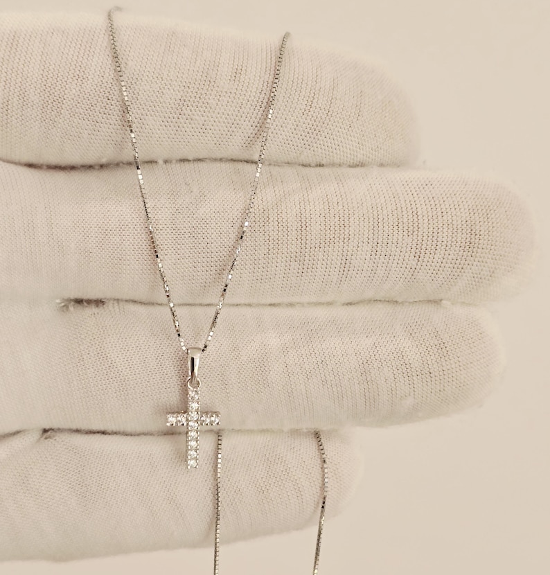 14k Solid White Gold Small Cross With White CZ Stone for Necklace 8x14 ...