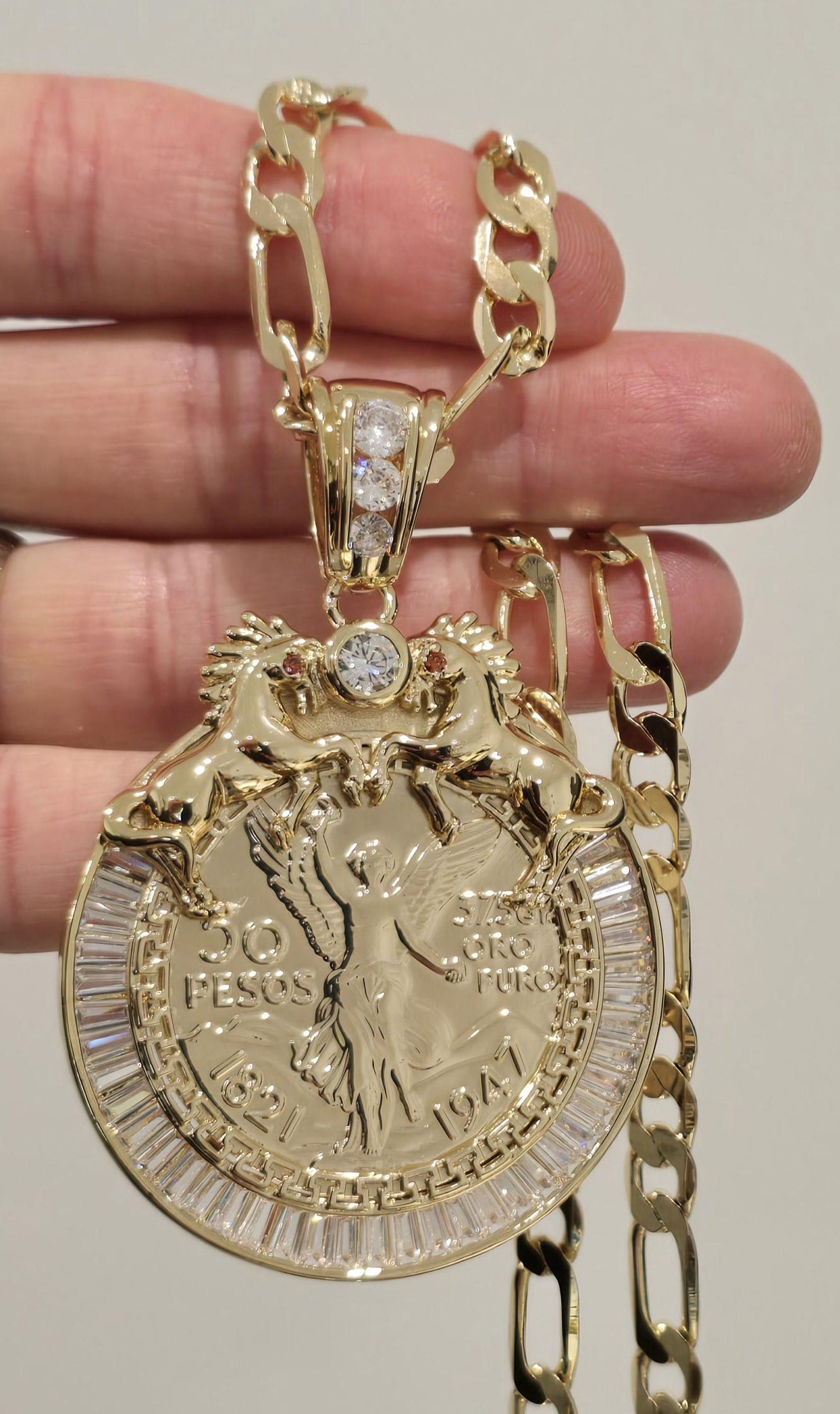 Gold Plated 50 Pesos Centenario Coin Pendant With CZ & Horse - 24 ...