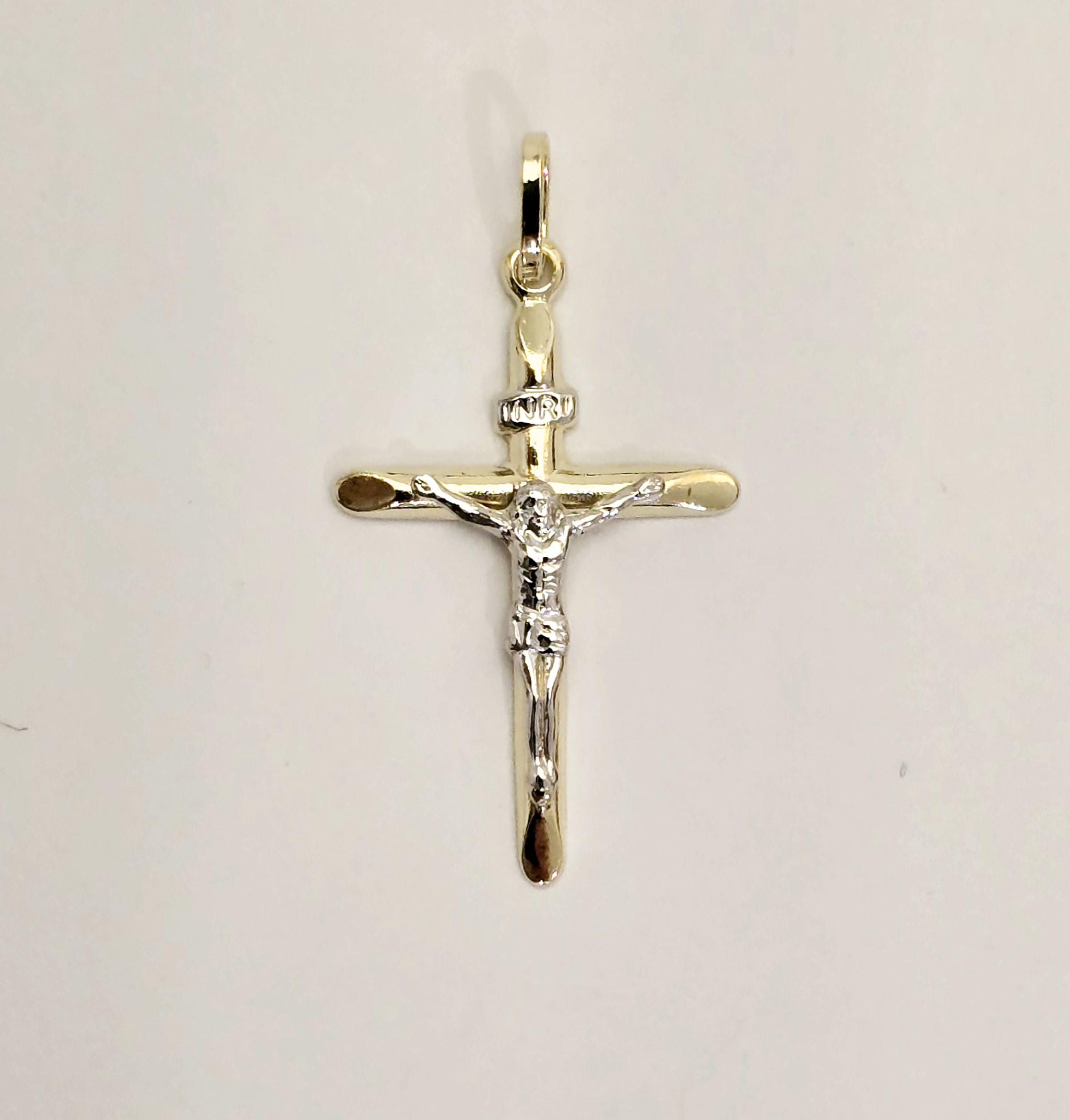 14k 2 Tone Solid Gold Religious INRI Cross Crucifix Traditional Pendant ...