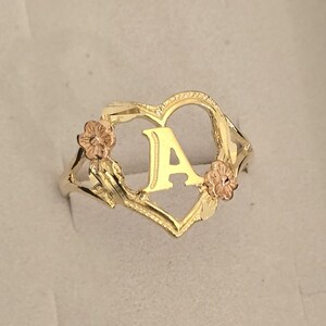14K Solid 2 Color Flor Heart Gold Flower Initial A to Z Ring Anillo - Etsy