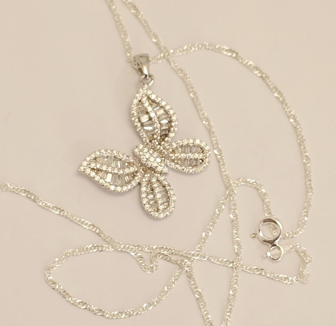925 Sterling Silver CZ Butterfly Mariposa Pendant With Chain Necklace ...