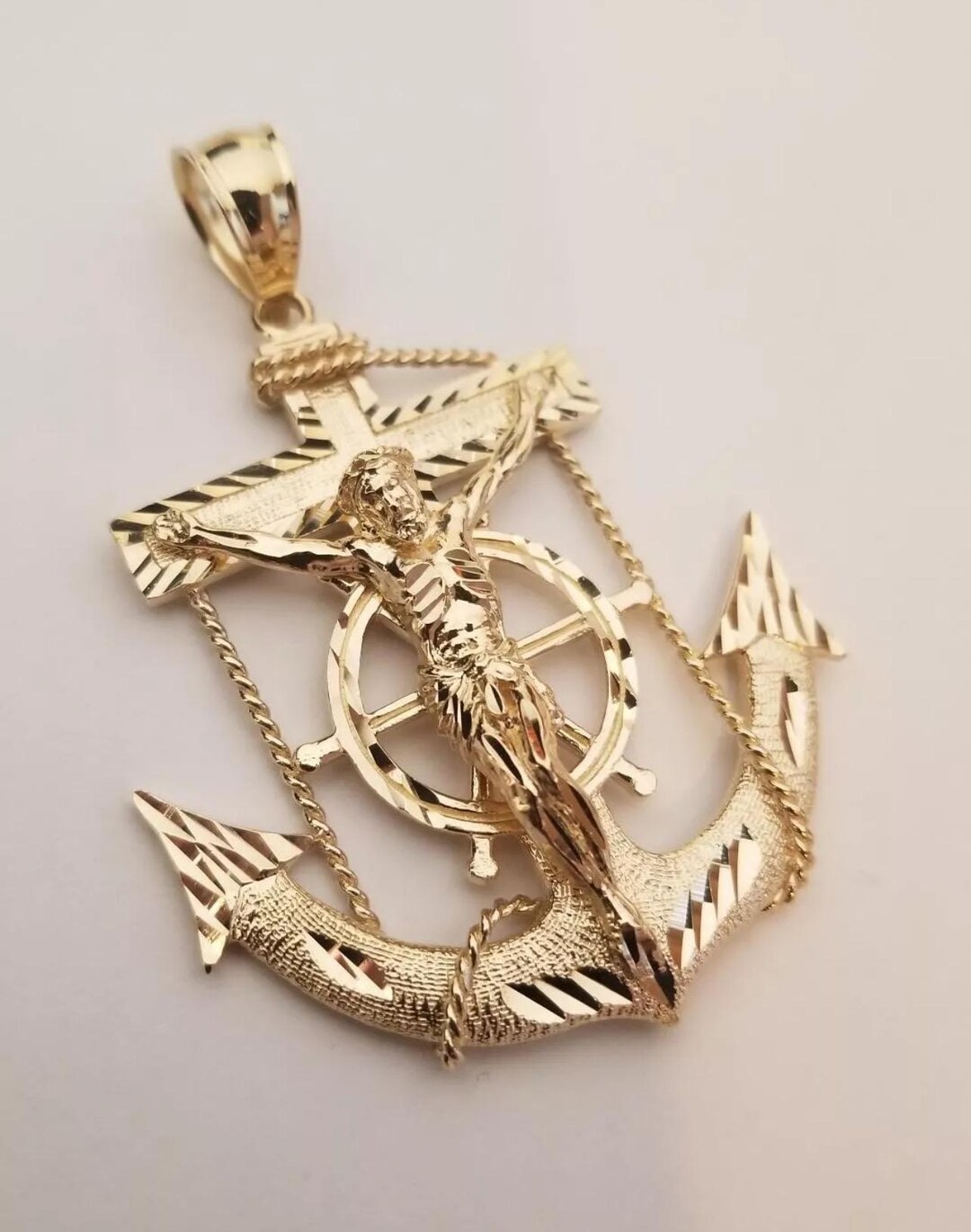 14k Solid Yellow Gold Religious Jesus Crucifix Mariner Anchor Ancla ...
