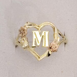 14K Solid 2 Color Flor Heart Gold Flower Initial A to Z Ring Anillo - Etsy