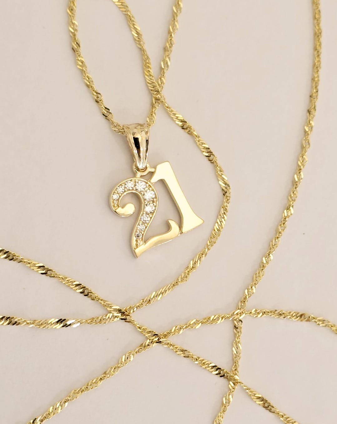 14k Solid Gold Number 21 CZ Pendant Necklace - Etsy