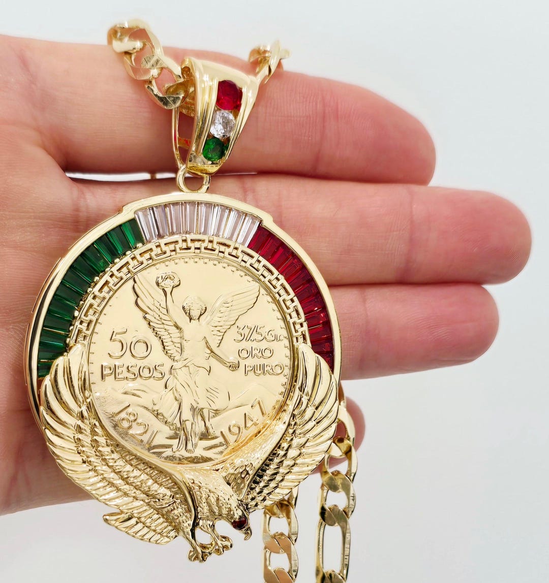 Gold Plated 50 Pesos Centenario Coin Eagle Pendant Mexican Flag CZ Gold ...