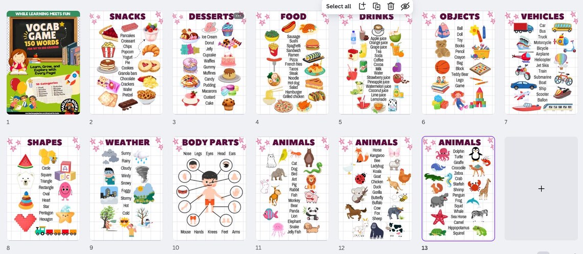 Vocabulary Game for Kids: 150 Words of 10 Categories - Etsy