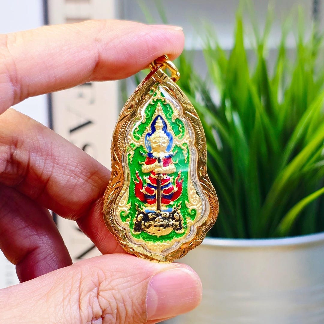 Tao Wessuwan Amulet | Thai Wealth Guardian, Green Enamel, Gold Casing ...