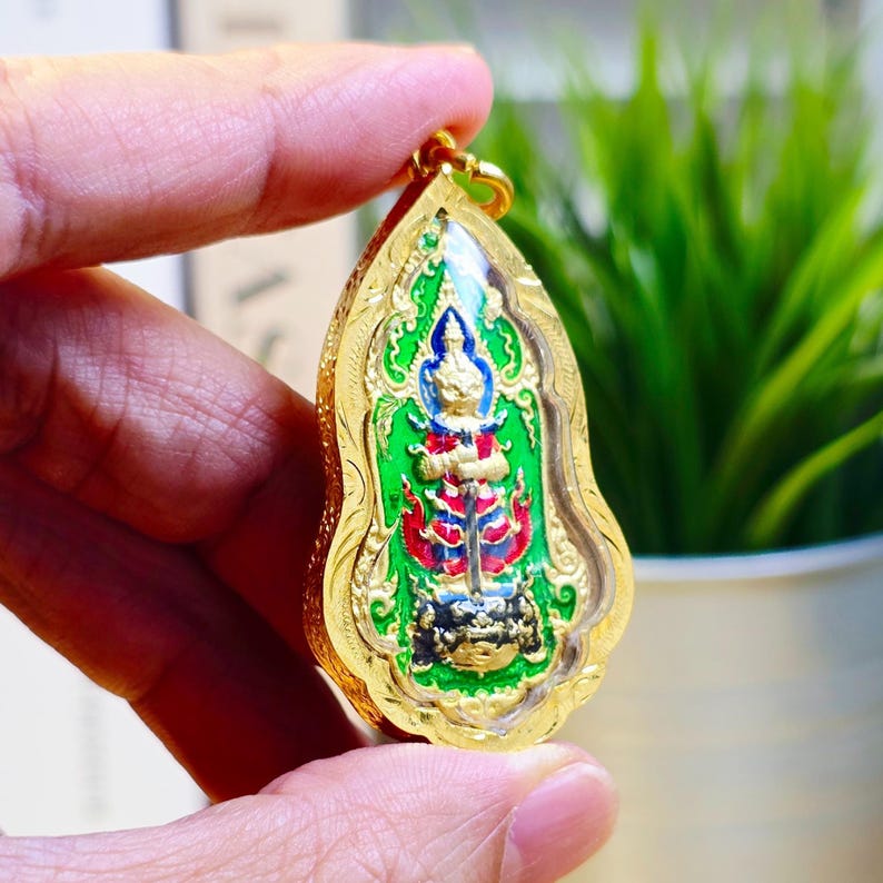 Tao Wessuwan Amulet | Thai Wealth Guardian, Green Enamel, Gold Casing ...