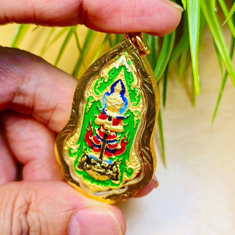 Tao Wessuwan Amulet | Thai Wealth Guardian, Green Enamel, Gold Casing ...