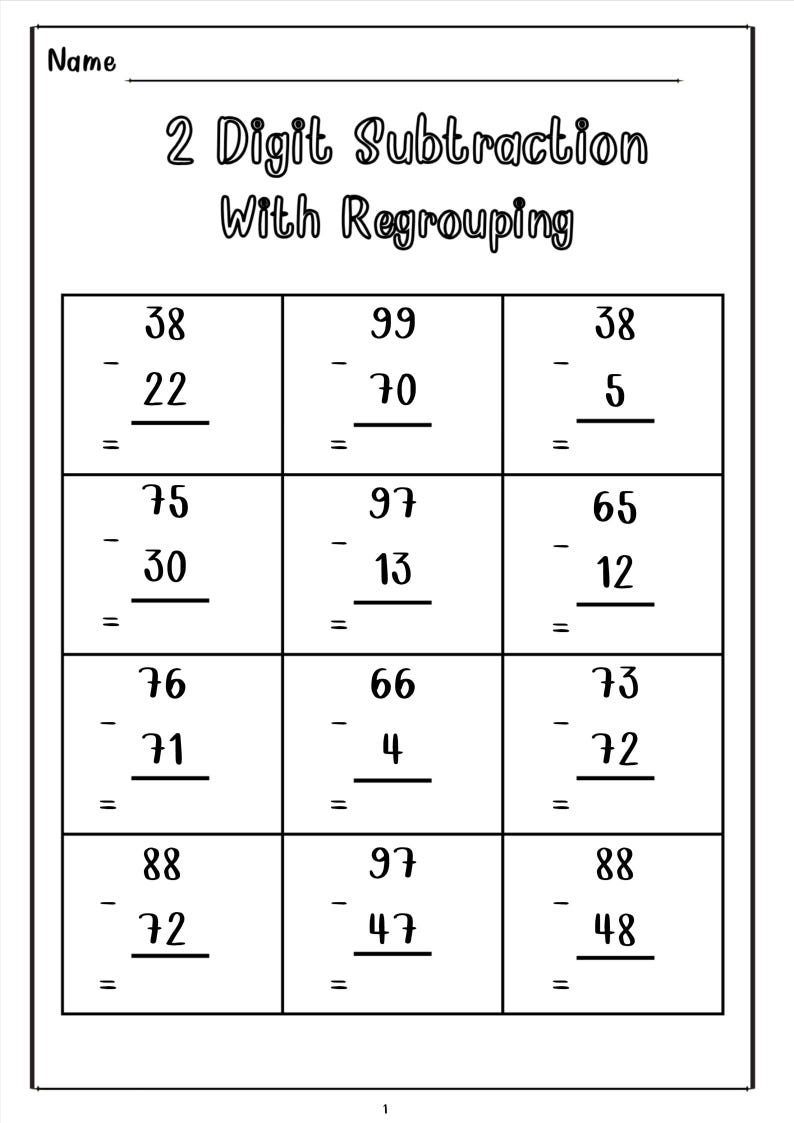 2 Digit Subtraction With Regrouping for Grade 2 to 3 Math - Etsy Canada