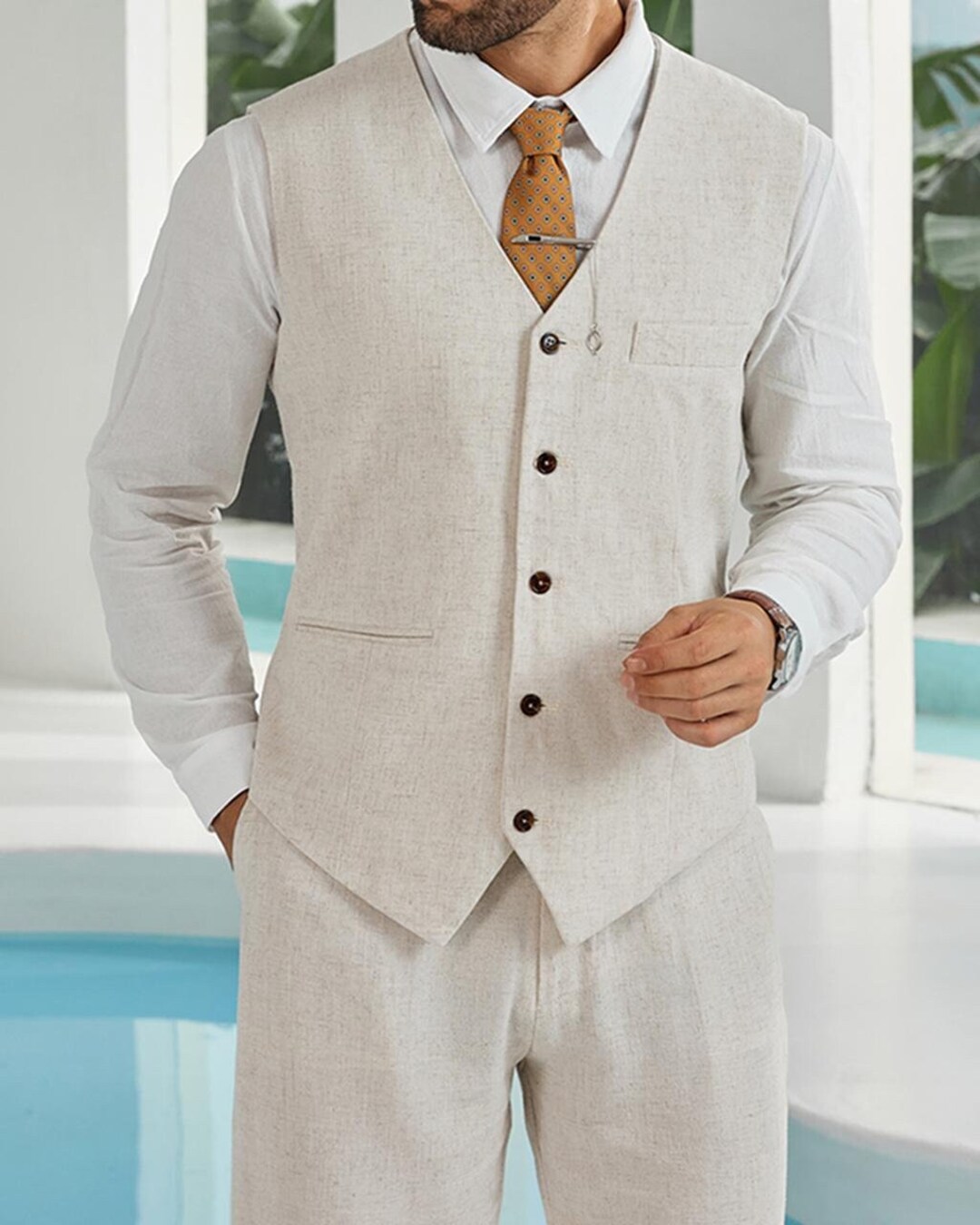 Linen Men's 2-piece Suit Casual Slim Fit Vintage Suits Groomsmen ...