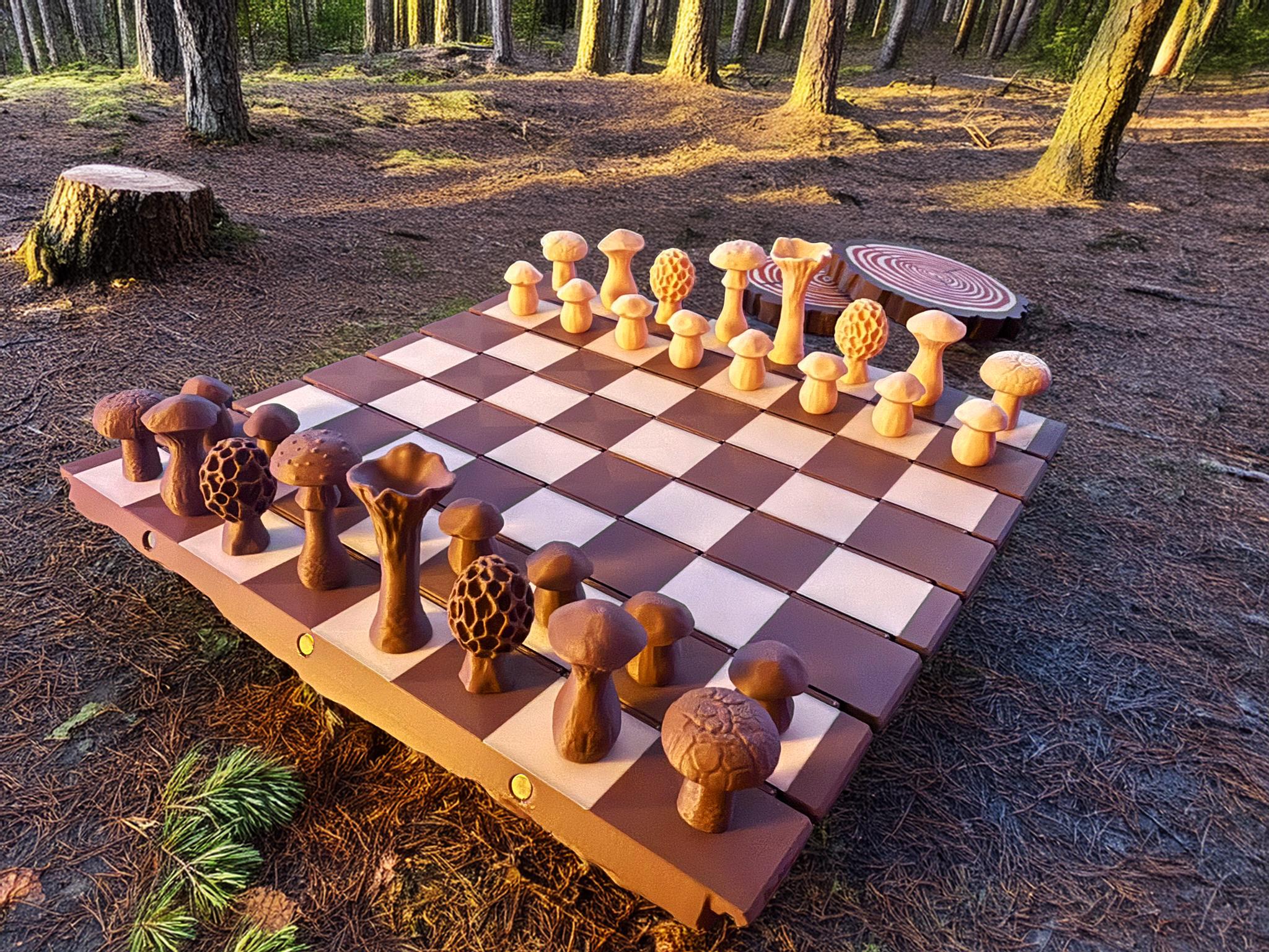 Chessboard Tree Trunk Design With Mushroom Chess Pieces Magnetic Travel ...
