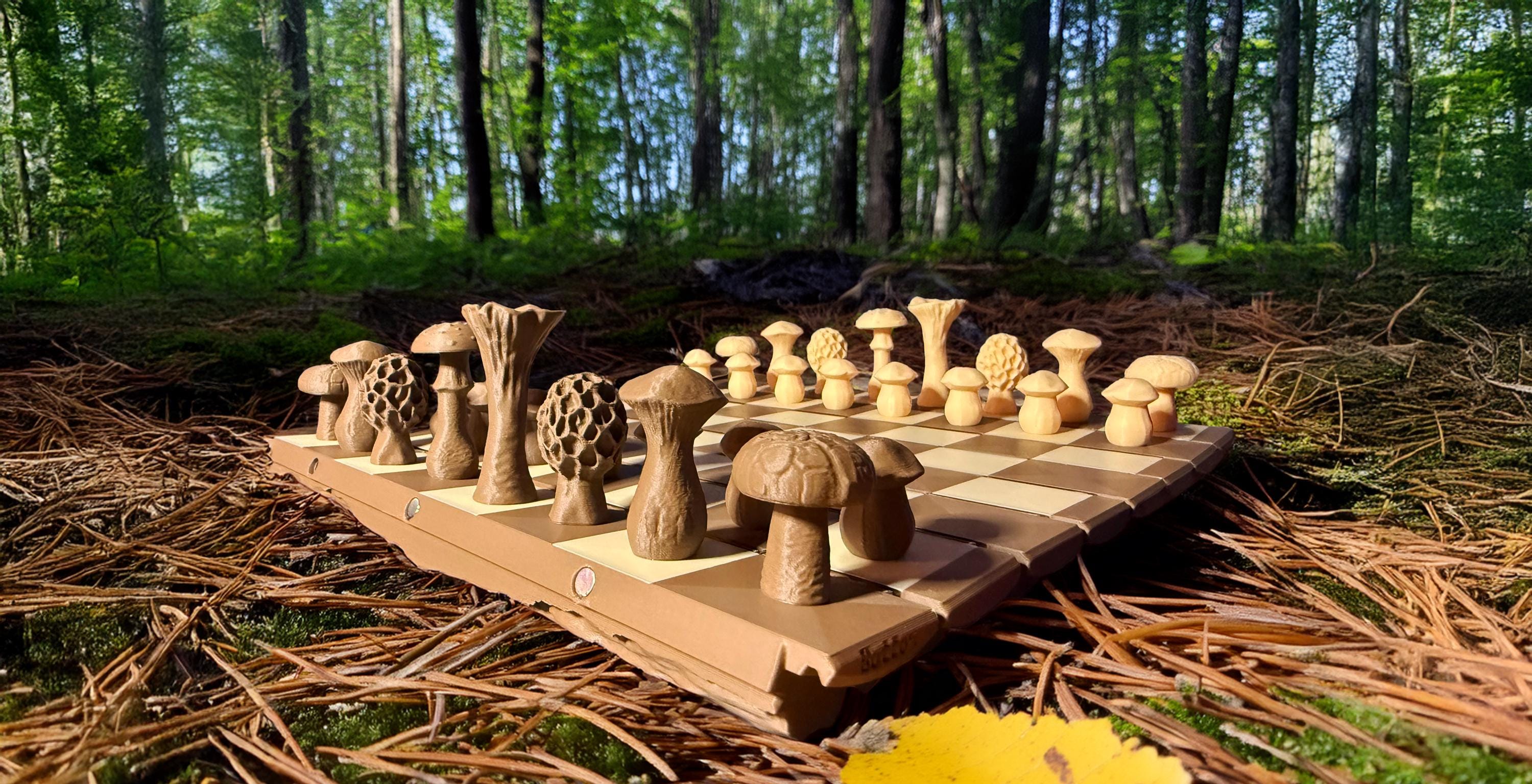 Chessboard Tree Trunk Design With Mushroom Chess Pieces Magnetic Travel ...