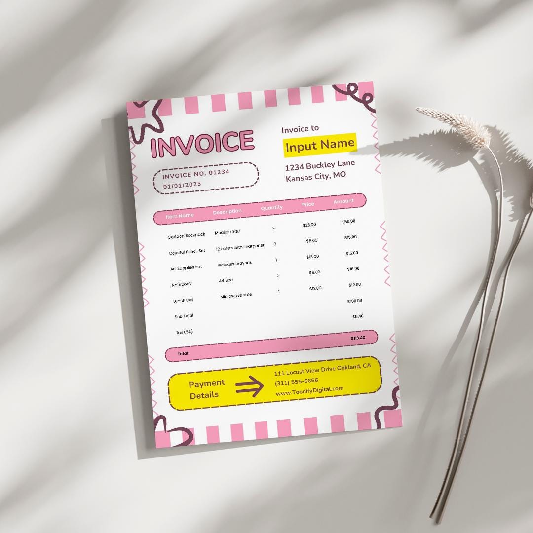 Cute Editable Invoice Template, Editable Billing Form, Colorful Invoice ...