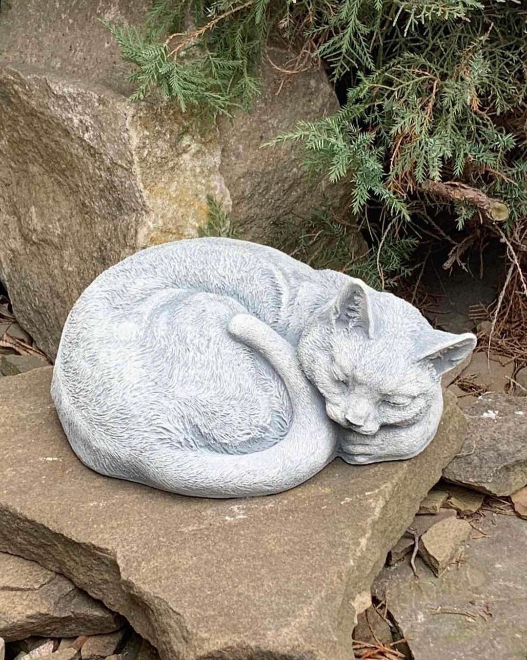 Garden Cat Statue Concrete Sleeping Cat Figurine Stone Realistic ...