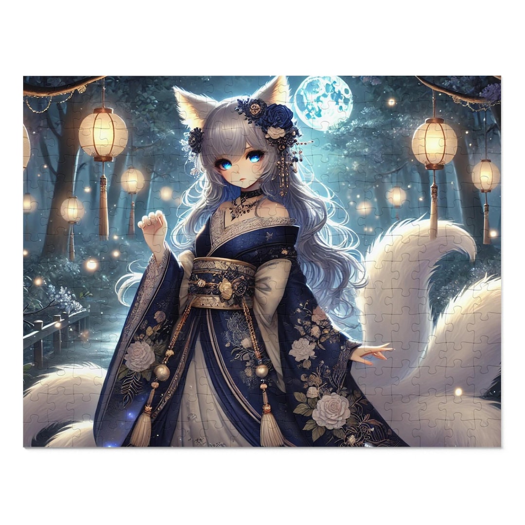 A Cat Girl in a Kimono Lit up by the Moonlit Night Jigsaw Puzzle With ...