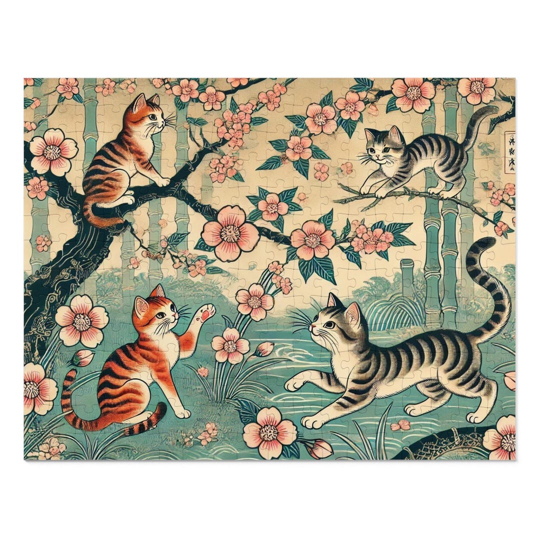 Jigsaw Puzzle, Japanese Painting Masami Kitao Style Cat Playing With ...