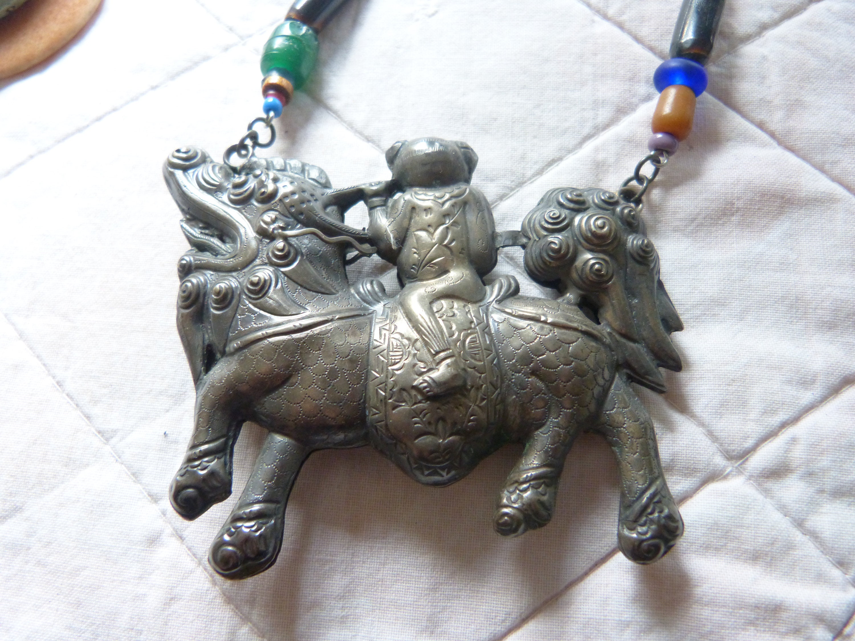 Antique Chinese Silver Qilin Dragon Pendant Necklace, Warrior Riding ...