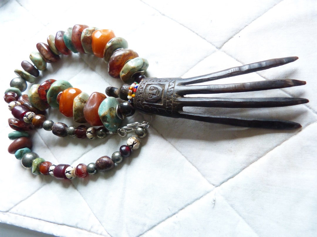 Antique Senufo Comb Head Ornament, Turquoise and Carnelilan Necklace ...
