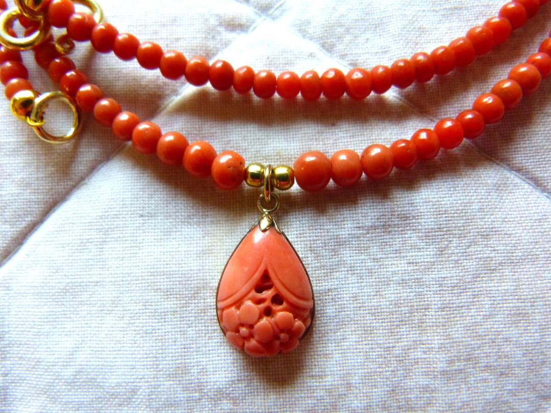 14 K Gold Carved Coral Pendant, Antique Italian Coral Necklace - Etsy
