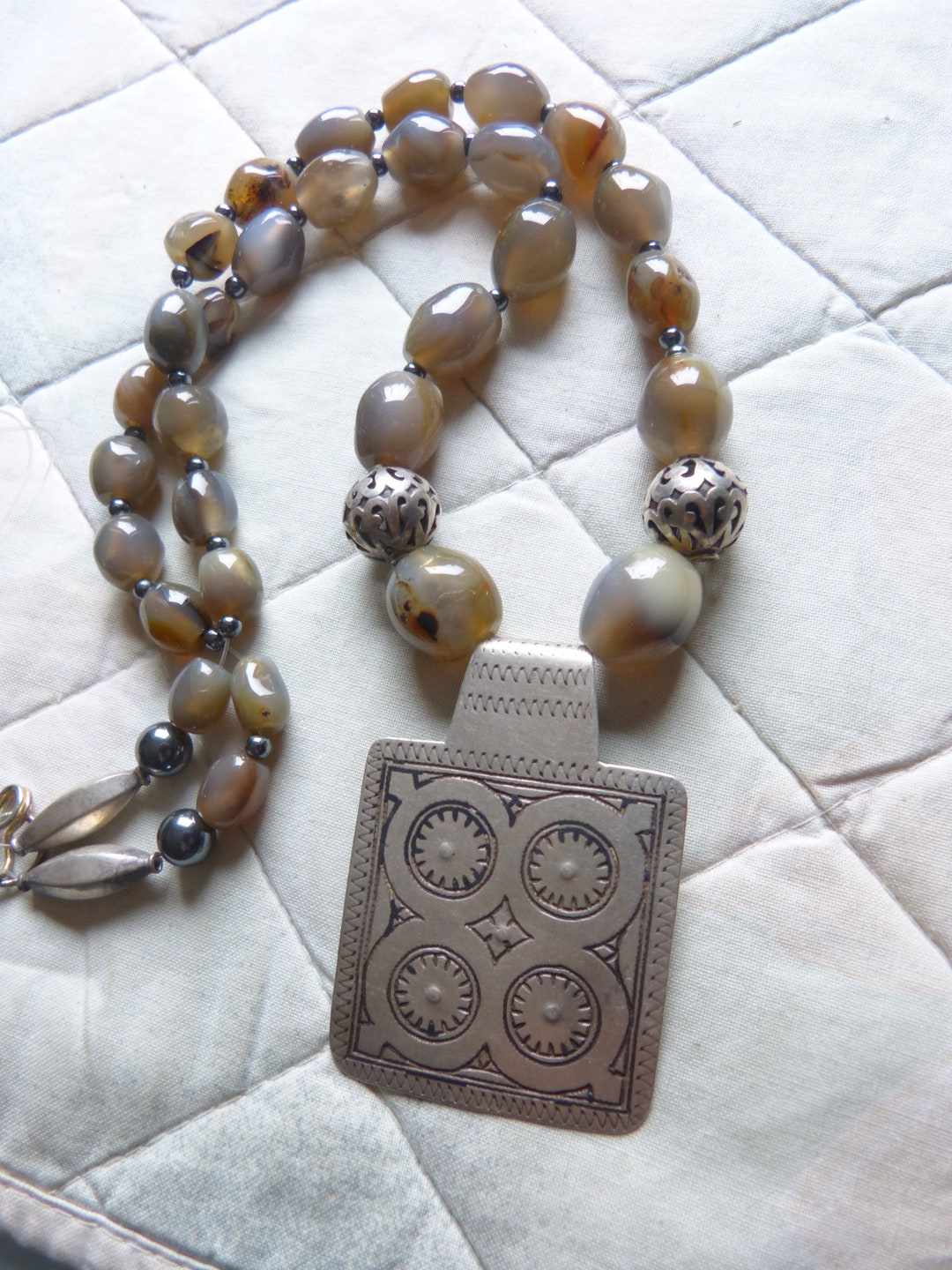 Moroccan Necklace, Berber Silver Niello Pendant, Antique Yemeni Grey ...