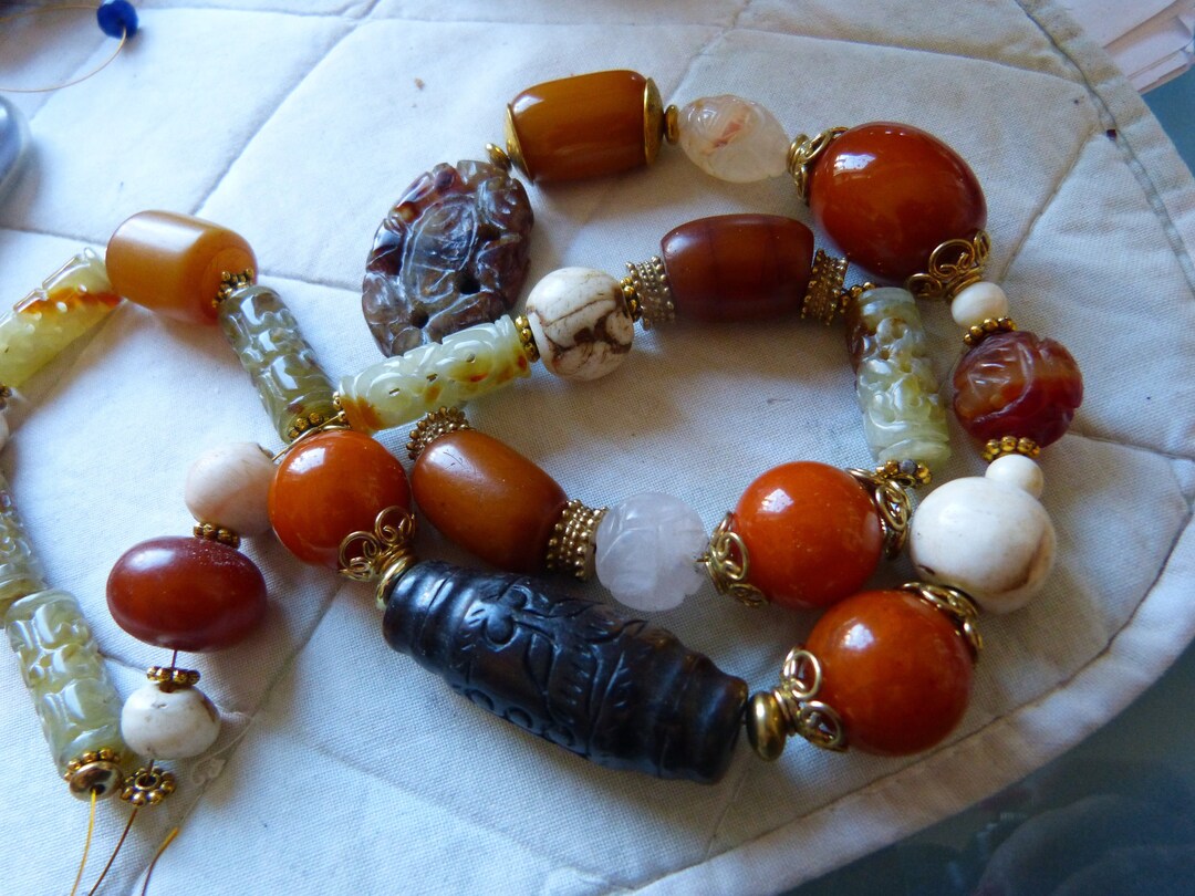 Antique Chinese Carved Hsiu Jade Necklace With Shell and Resin Beads ...