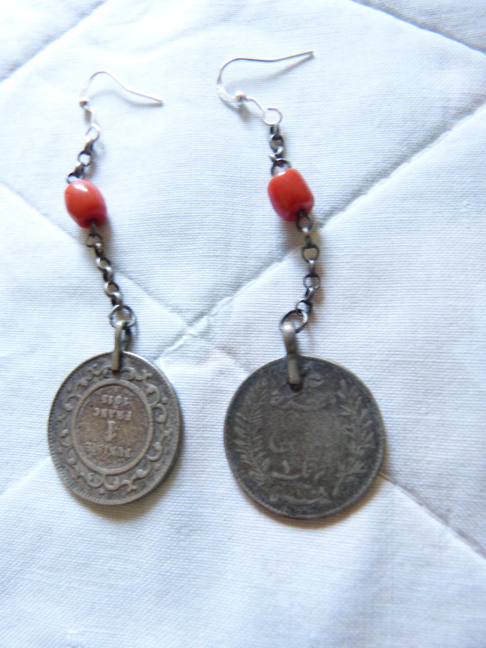 Antique Tunisian Silver Coins 1891 and 1915, Coin Earrings With Coral ...