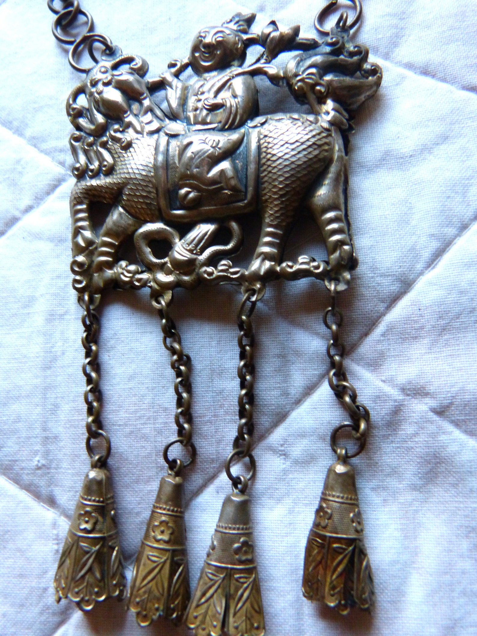 Antique Chinese Silver Qilin Dragon Pendant Necklace, Warrior Riding ...
