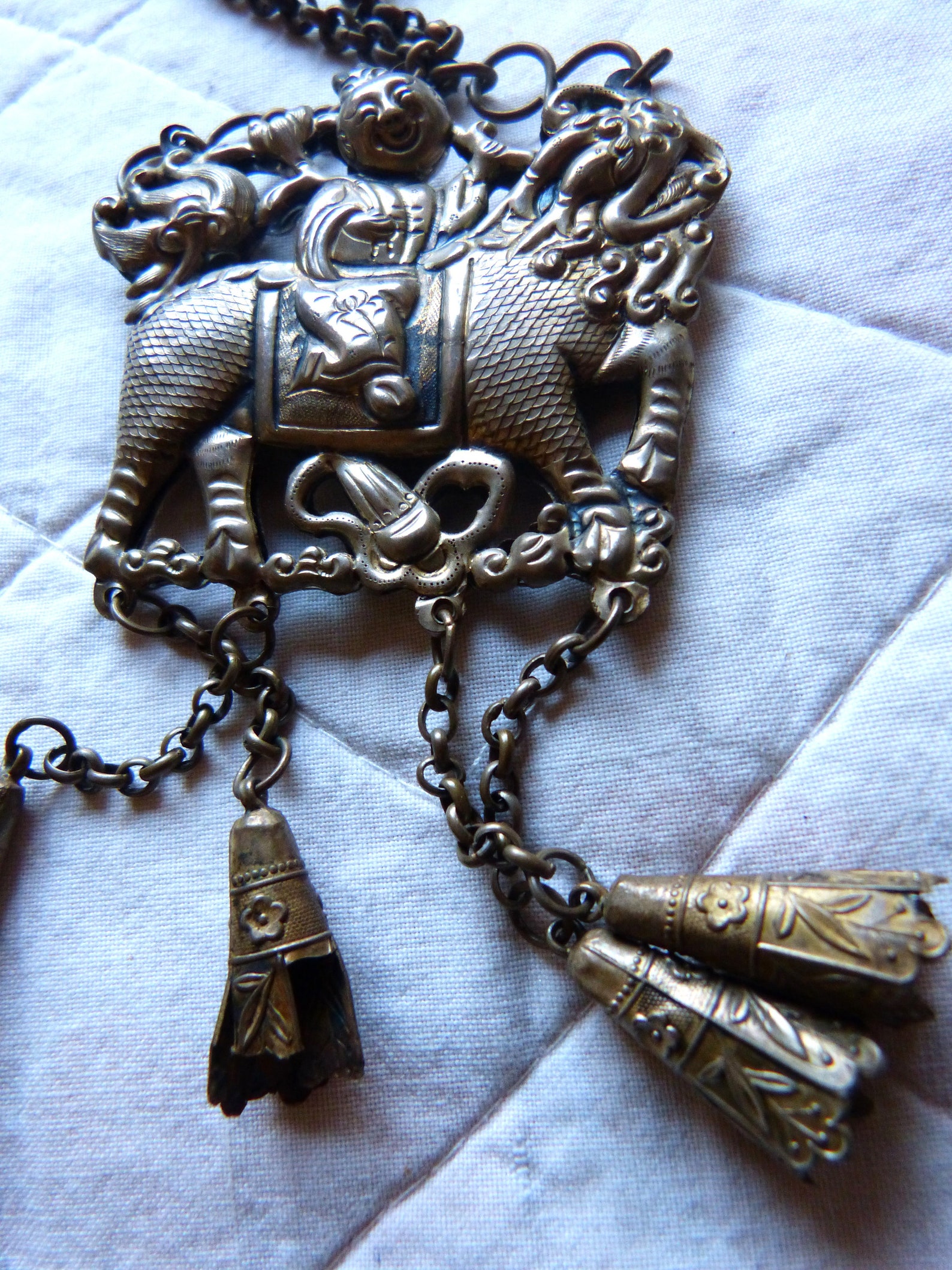 Antique Chinese Silver Qilin Dragon Pendant Necklace, Warrior Riding ...