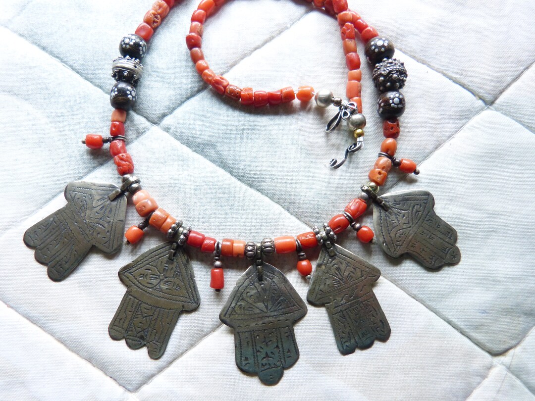 Moroccan Hamsa Khamsa Necklace With Old Red Coral and Silver Studded ...