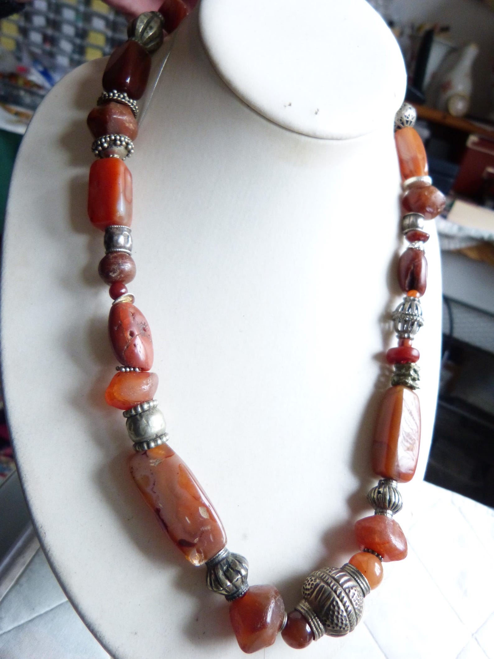 Antique and Ancient Carnelian Beads Necklace, With Two Pema Raka ...