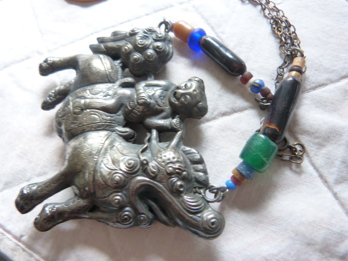 Antique Chinese Silver Qilin Dragon Pendant Necklace, Warrior Riding ...