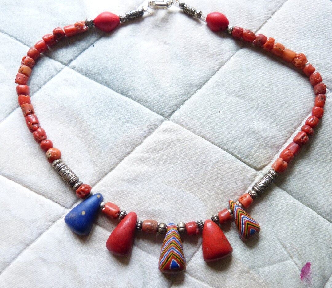 Antique Polychrome Kiffa Beads Necklace, With Old Moroccan Coral and ...