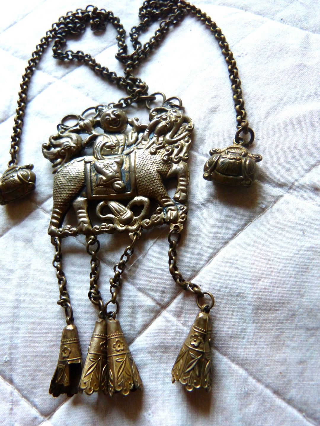 Antique Chinese Silver Qilin Dragon Pendant Necklace, Warrior Riding ...