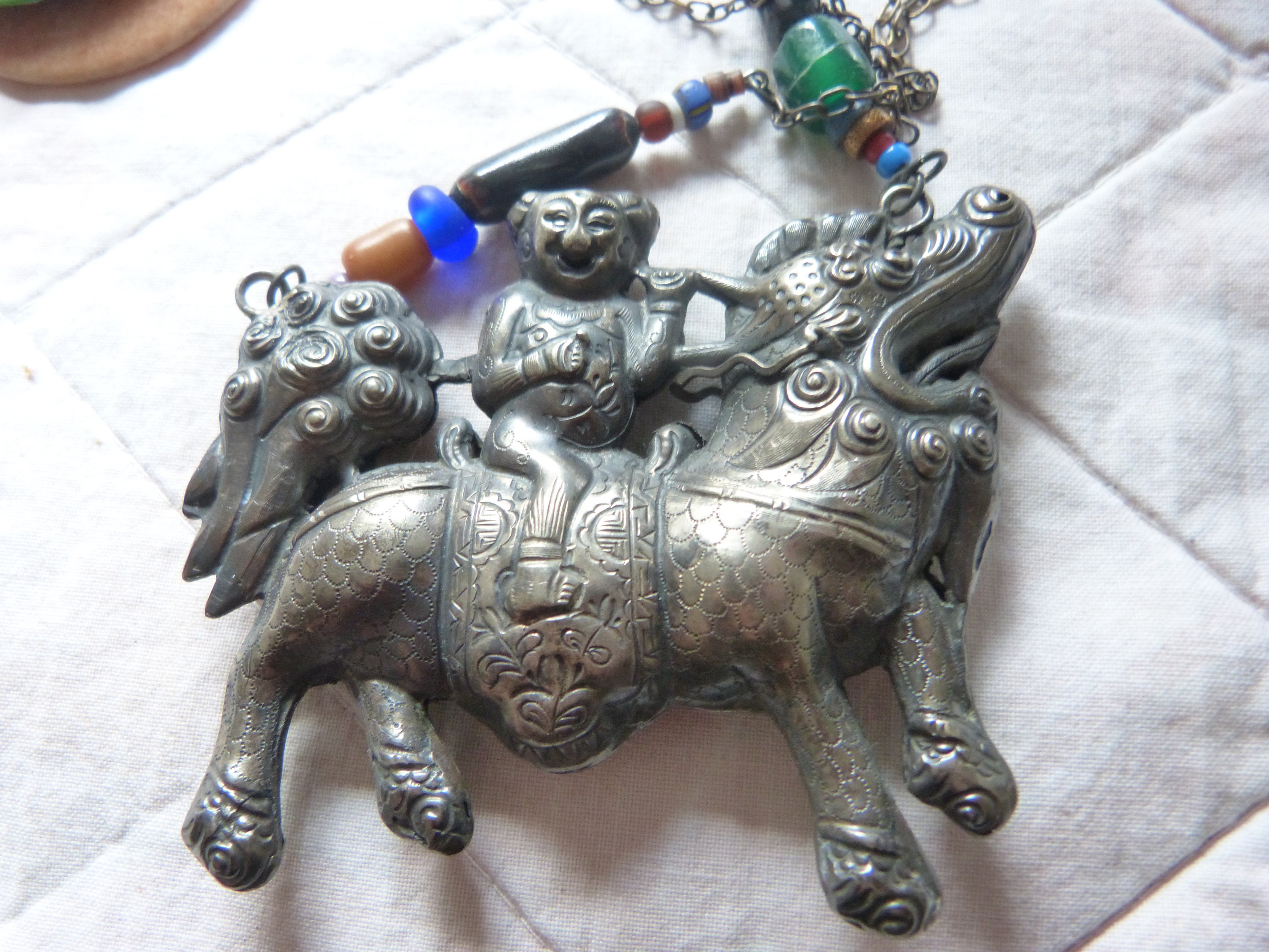 Antique Chinese Silver Qilin Dragon Pendant Necklace, Warrior Riding ...