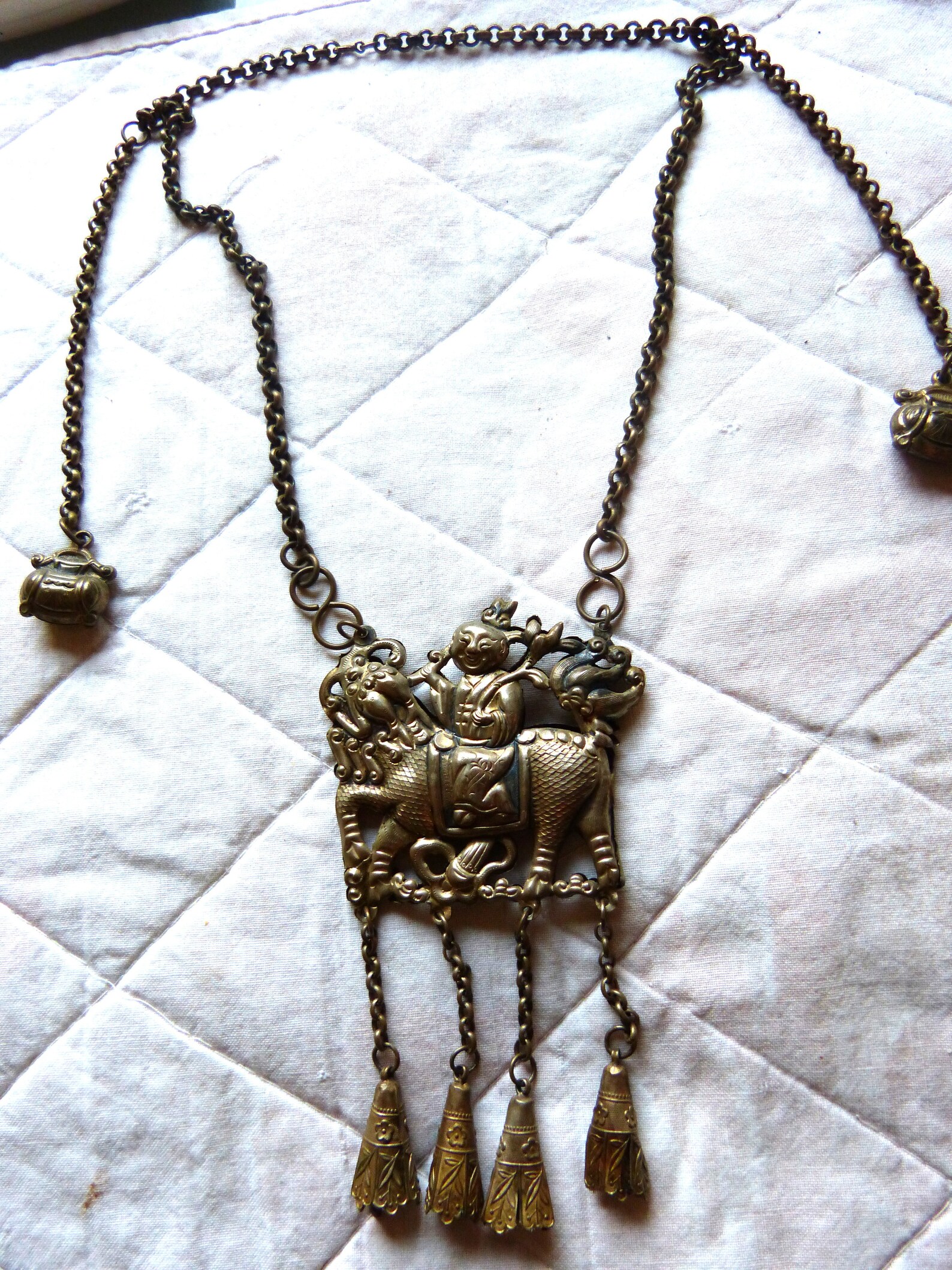 Antique Chinese Silver Qilin Dragon Pendant Necklace, Warrior Riding ...