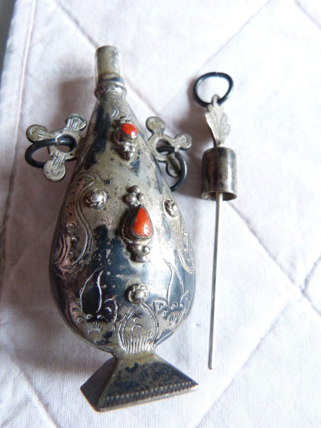 Antique Moroccan Silver Kajal Khol Container, Set With Coral - Etsy