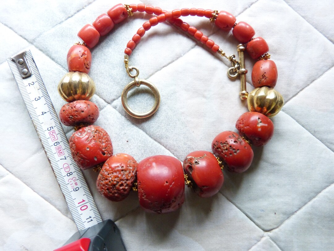 Antique Italian Coral Necklace, Huge Beads, 18 K Gold Beads Clasp, 211 ...