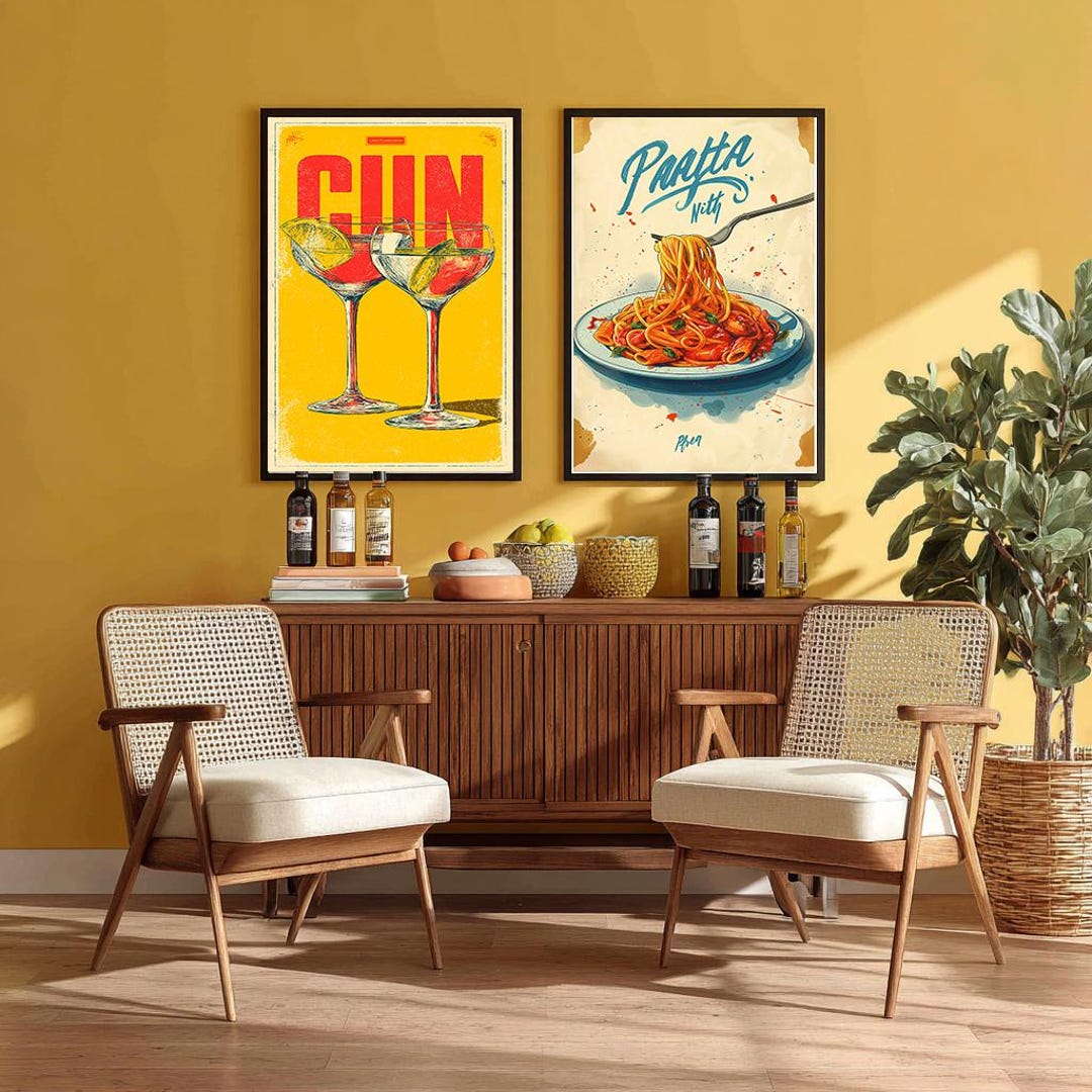 Retro Kitchen Wall Art Set, Vintage Cocktail Poster, Pasta Print, Mid ...