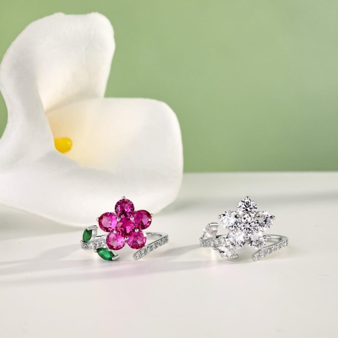 Flower Gemstone Ring for Women – Pink & White Blossom Rings With Leaf ...