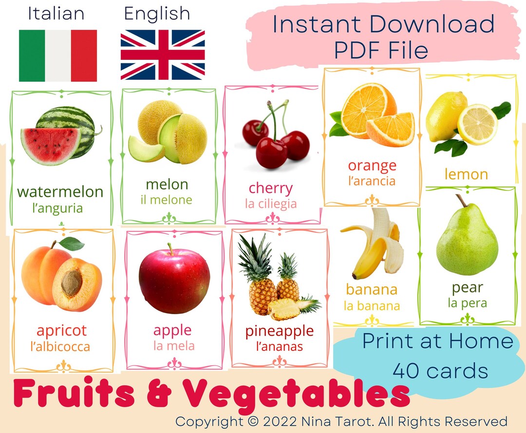Italian English Bilingual Flashcards Printable Instant Download Digital ...
