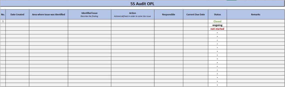 5S Audit Excel Toolkit: Results, Checklist, OPL, and Timetable for ...
