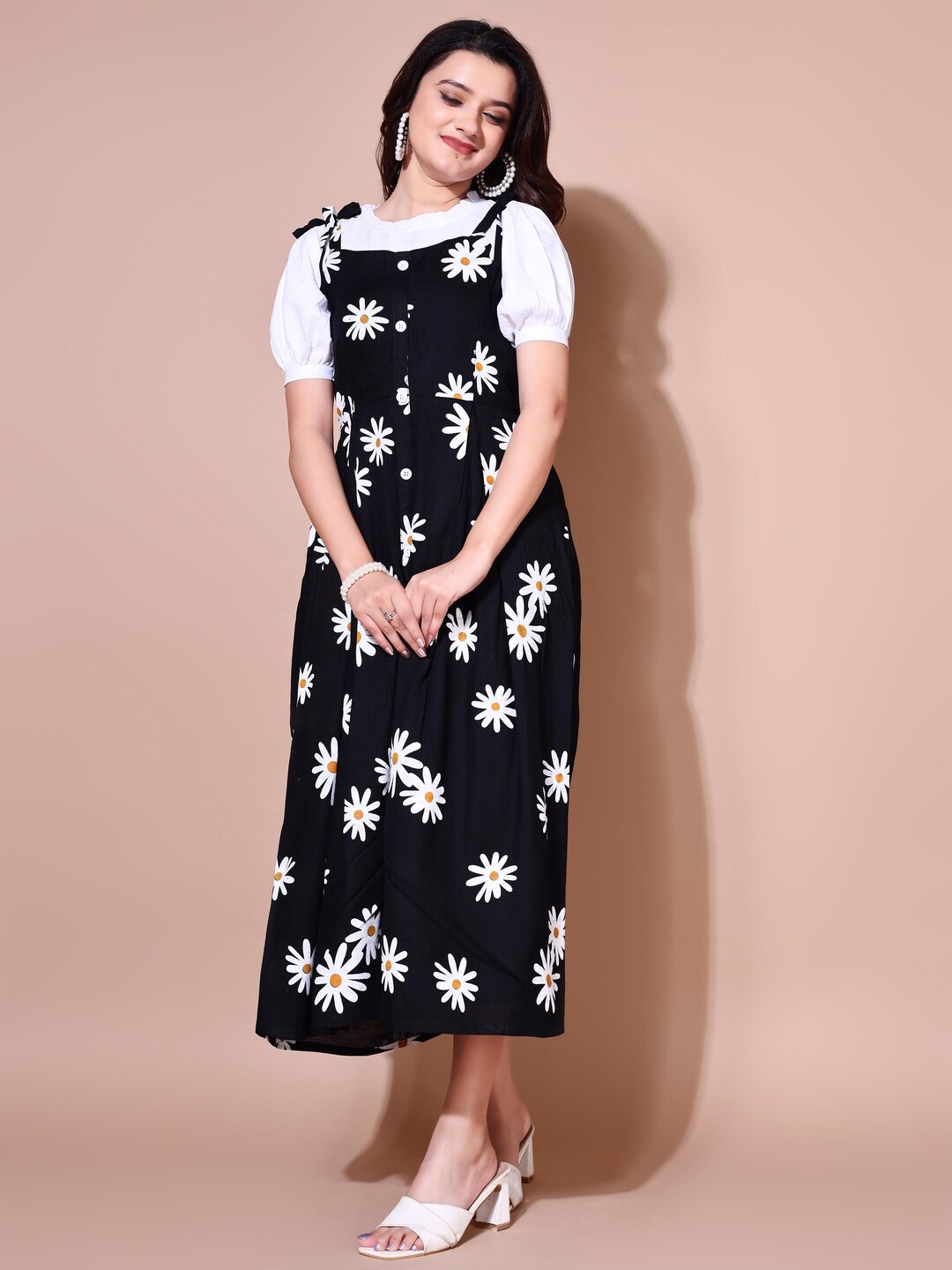 Black Floral Printed Dungaree Dress - Etsy