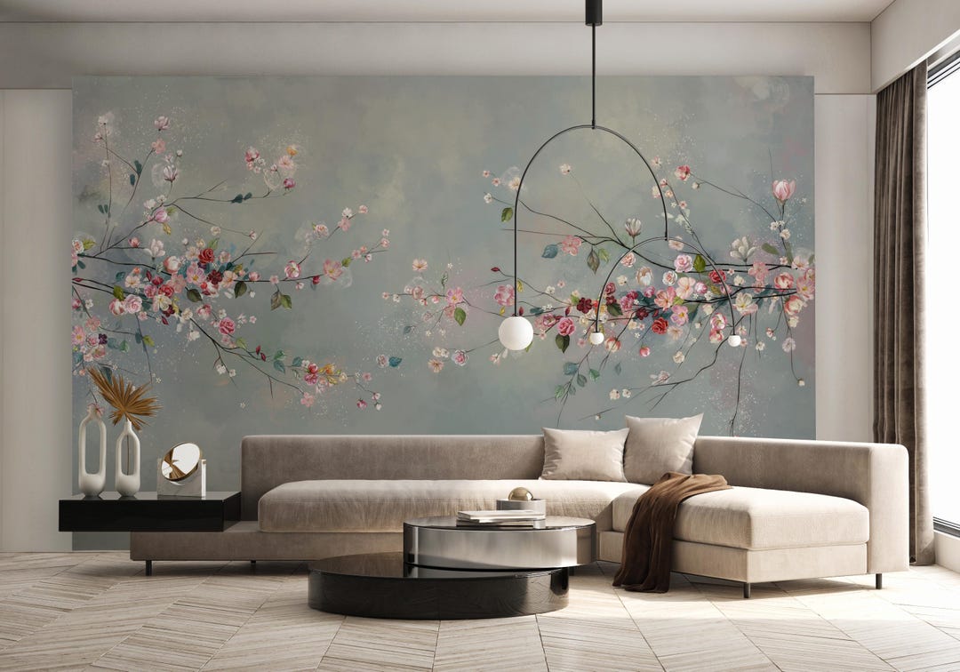 Elegant Floral Wall Mural, Blossom Wall Decor, Branch of Colorful ...